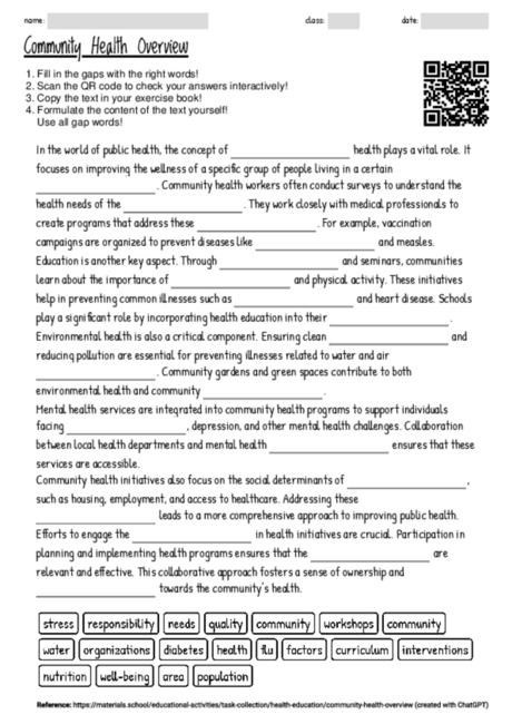 Worksheet with the topic "Community Health Overview" | MATERIALS.SCHOOL