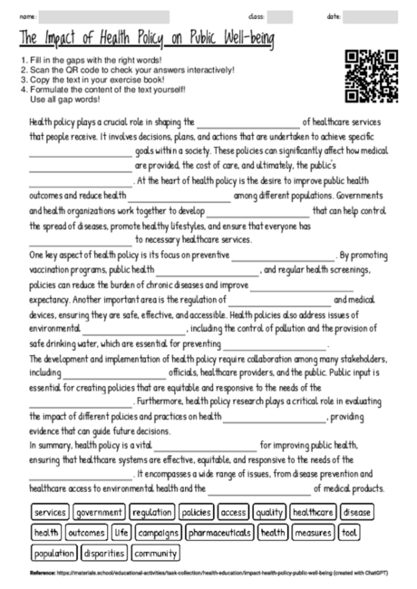 Worksheet with the topic "The Impact of Health Policy on Public Well ...