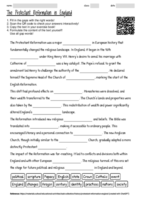 Worksheet with the topic "The Protestant Reformation in England ...