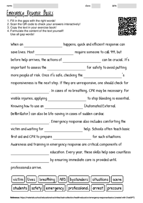 Worksheet with the topic "Emergency Response Basics" | MATERIALS.SCHOOL