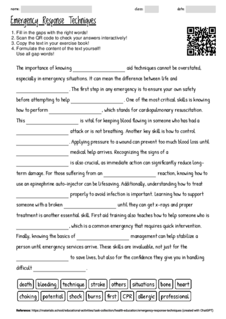 Worksheet with the topic "Emergency Response Techniques" | MATERIALS.SCHOOL