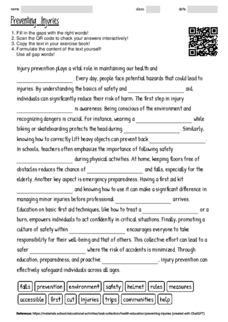 Worksheet with the topic "Preventing Injuries" | MATERIALS.SCHOOL