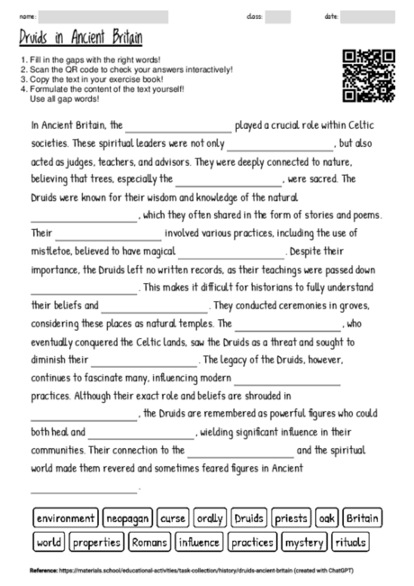 Worksheet with the topic "Druids in Ancient Britain" | MATERIALS.SCHOOL