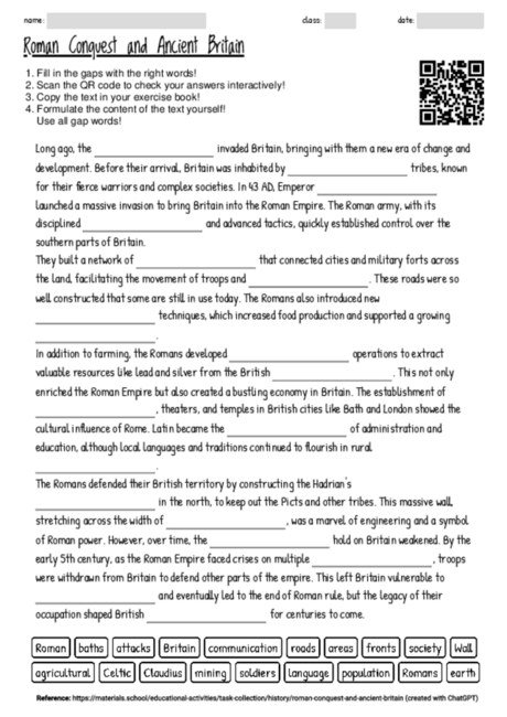 Worksheet with the topic "Roman Conquest and Ancient Britain ...