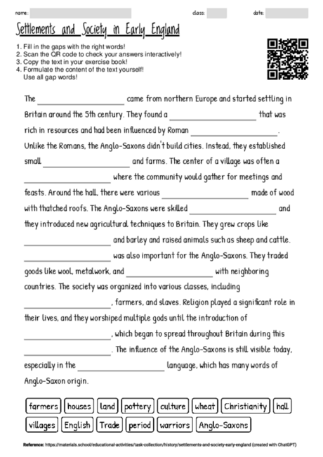 Worksheet with the topic "Settlements and Society in Early England ...