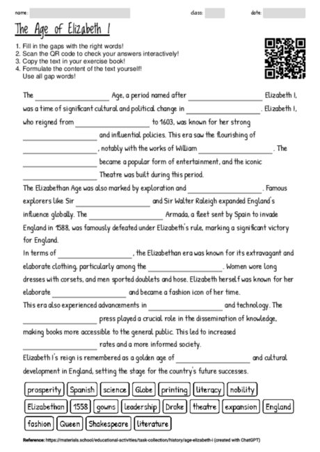 Worksheet with the topic "The Age of Elizabeth I" | MATERIALS.SCHOOL