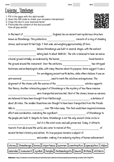 Worksheet with the topic "Exploring Stonehenge" | MATERIALS.SCHOOL
