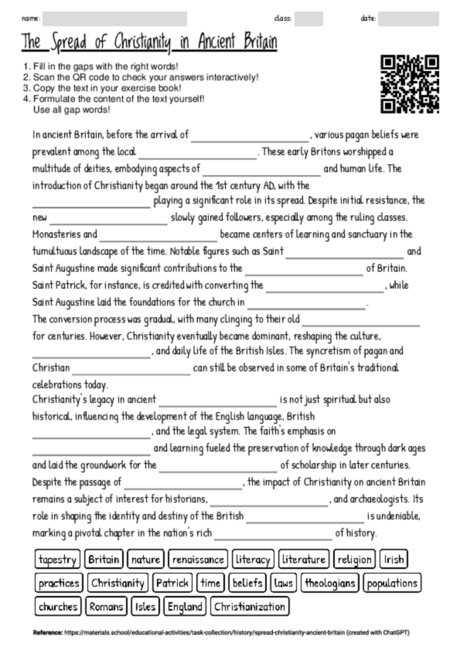Worksheet with the topic "The Spread of Christianity in Ancient Britain ...