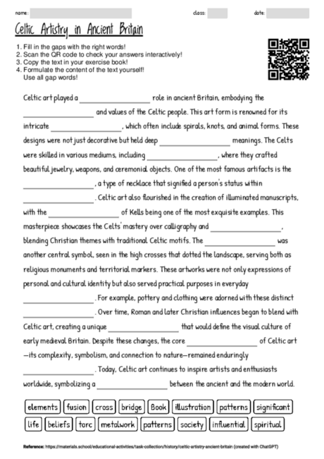 Worksheet with the topic "Celtic Artistry in Ancient Britain ...