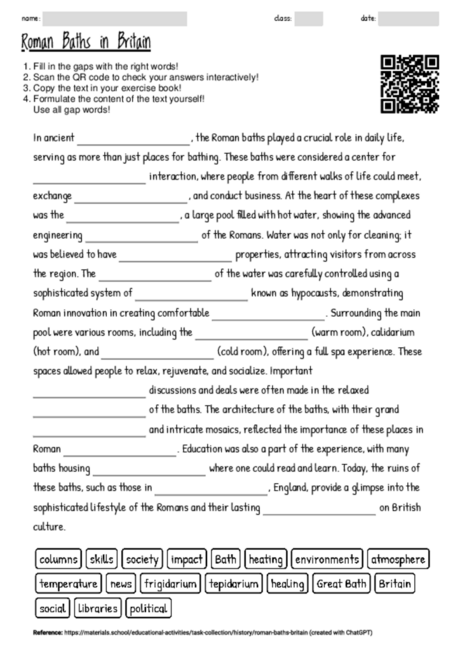 Worksheet with the topic "Roman Baths in Britain" | MATERIALS.SCHOOL