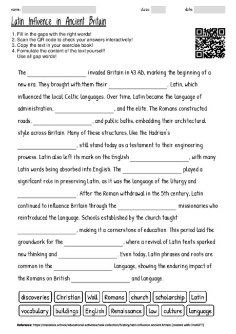 Worksheet with the topic "Latin Influence in Ancient Britain ...