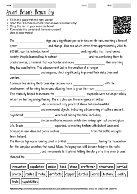 Worksheet with the topic "Ancient Britain's Bronze Era" | MATERIALS.SCHOOL