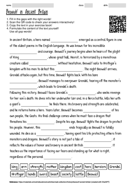Worksheet with the topic "Beowulf in Ancient Britain" | MATERIALS.SCHOOL