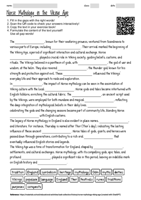 Worksheet with the topic "Norse Mythology in the Viking Age ...