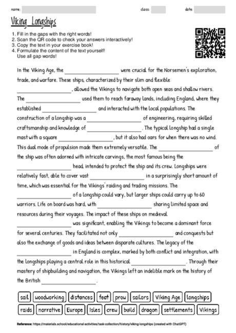 Worksheet with the topic "Viking Longships" | MATERIALS.SCHOOL