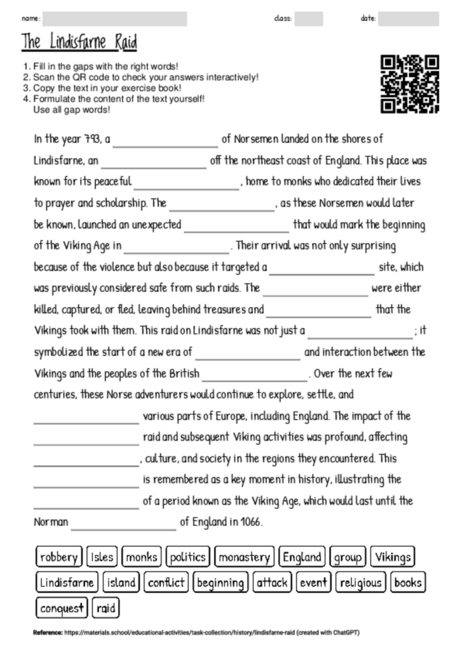 Worksheet with the topic "The Lindisfarne Raid" | MATERIALS.SCHOOL