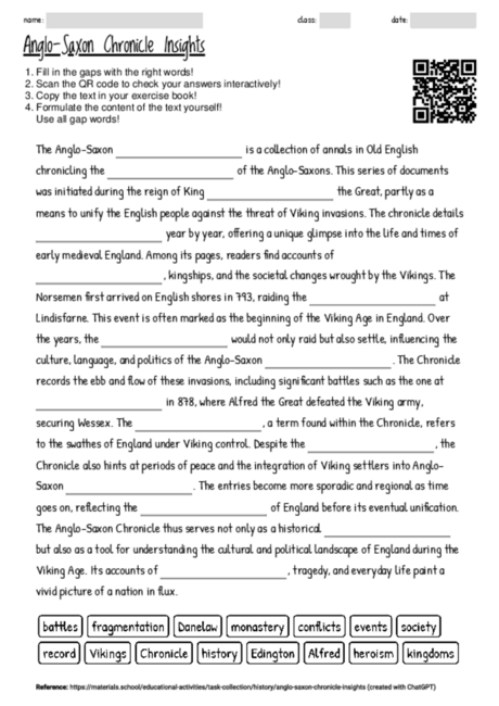 Worksheet with the topic "Anglo-Saxon Chronicle Insights" | MATERIALS ...