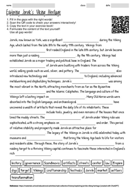 Worksheet with the topic "Exploring Jorvik's Viking Heritage ...