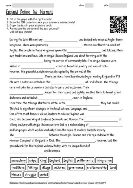 Worksheet with the topic "England Before the Normans" | MATERIALS.SCHOOL