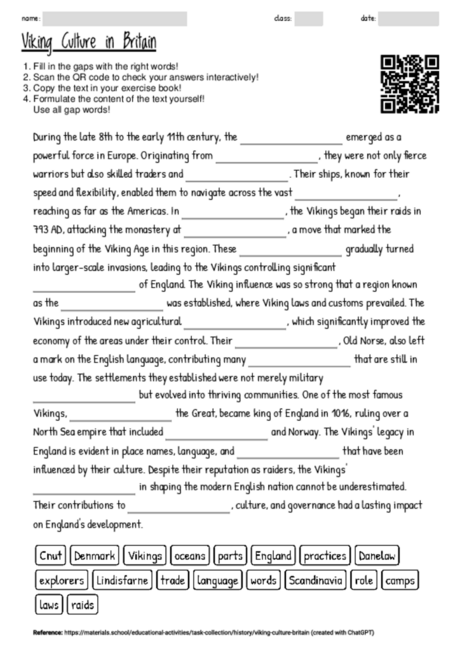 Worksheet with the topic "Viking Culture in Britain" | MATERIALS.SCHOOL