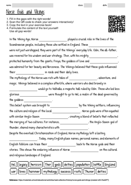 Worksheet with the topic "Norse Gods and Vikings" | MATERIALS.SCHOOL