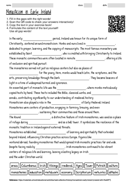 Worksheet with the topic "Monasticism in Early Ireland" | MATERIALS.SCHOOL