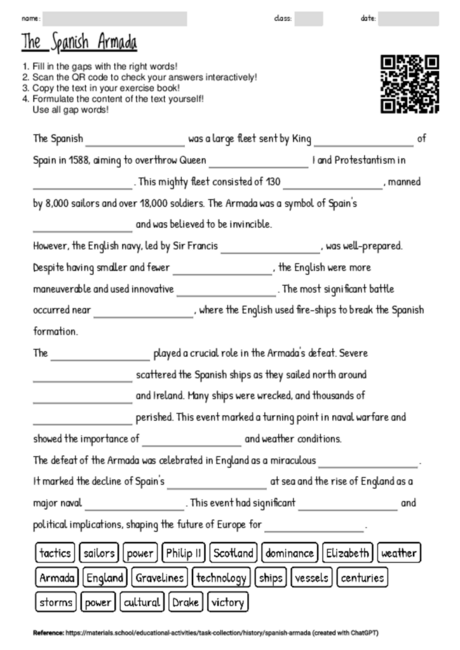 Worksheet with the topic "The Spanish Armada" | MATERIALS.SCHOOL