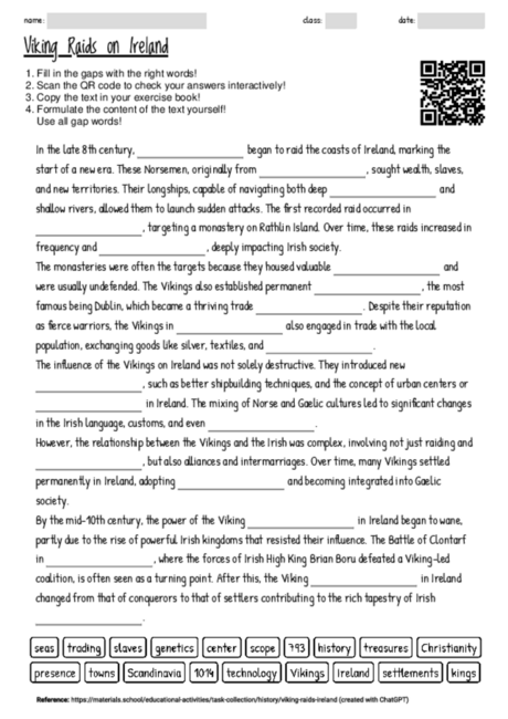 Worksheet with the topic "Viking Raids on Ireland" | MATERIALS.SCHOOL