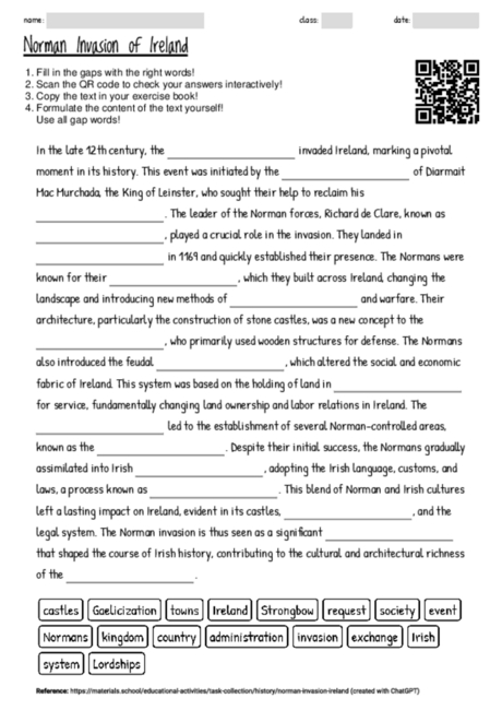 Worksheet with the topic "Norman Invasion of Ireland" | MATERIALS.SCHOOL