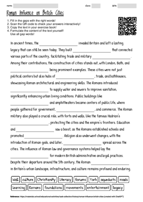 Worksheet with the topic "Roman Influence on British Cities ...