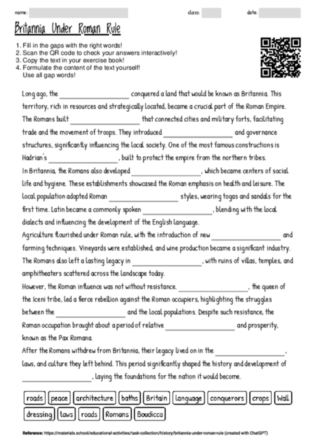 Worksheet with the topic "Britannia Under Roman Rule" | MATERIALS.SCHOOL