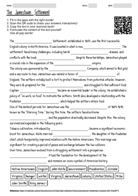 Worksheet with the topic "The Jamestown Settlement" | MATERIALS.SCHOOL