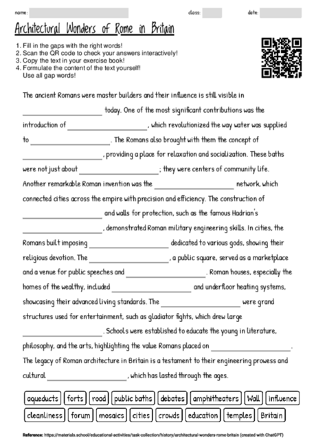 Worksheet with the topic "Architectural Wonders of Rome in Britain ...