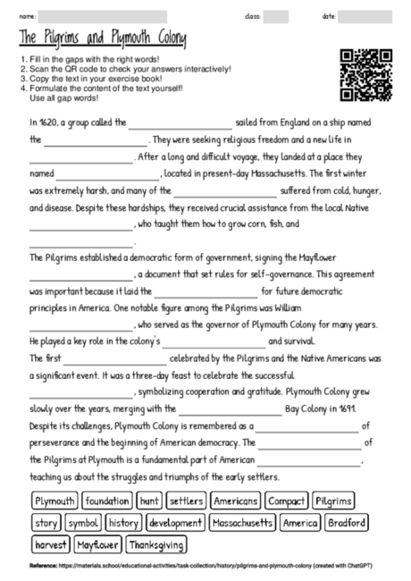 Worksheet with the topic "The Pilgrims and Plymouth Colony" | MATERIALS ...