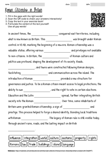 Worksheet with the topic "Roman Citizenship in Britain" | MATERIALS.SCHOOL