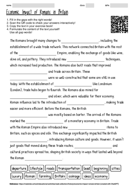 Worksheet with the topic "Economic Impact of Romans in Britain ...
