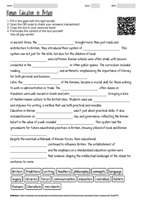 Worksheet with the topic "Roman Education in Britain" | MATERIALS.SCHOOL
