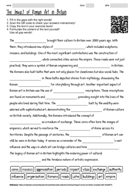 Worksheet with the topic "The Impact of Roman Art in Britain ...