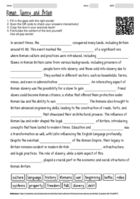Worksheet with the topic "Roman Slavery and Britain" | MATERIALS.SCHOOL