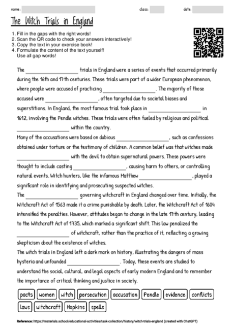 Worksheet with the topic "The Witch Trials in England" | MATERIALS.SCHOOL