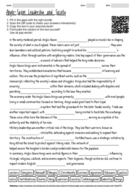 Worksheet with the topic "Anglo-Saxon Leadership and Society ...