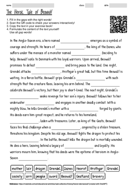 Worksheet with the topic "The Heroic Tale of Beowulf" | MATERIALS.SCHOOL