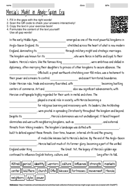 Worksheet with the topic "Mercia's Might in Anglo-Saxon Era ...