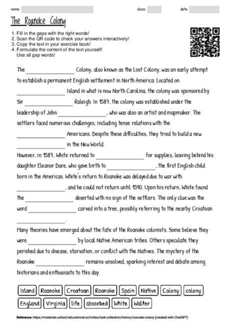Worksheet with the topic "The Roanoke Colony" | MATERIALS.SCHOOL