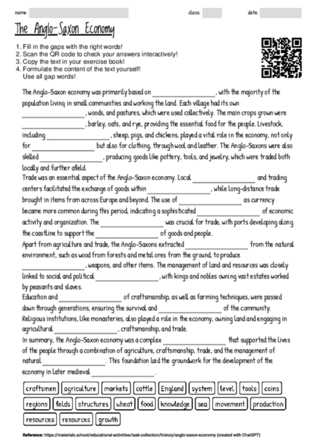 Worksheet with the topic "The Anglo-Saxon Economy" | MATERIALS.SCHOOL