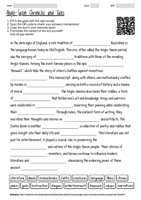 Worksheet with the topic "Anglo-Saxon Chronicles and Tales" | MATERIALS ...