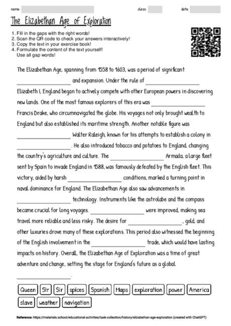 Worksheet with the topic "The Elizabethan Age of Exploration ...
