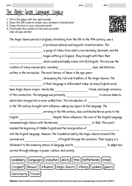 Worksheet with the topic "The Anglo-Saxon Language Legacy" | MATERIALS ...