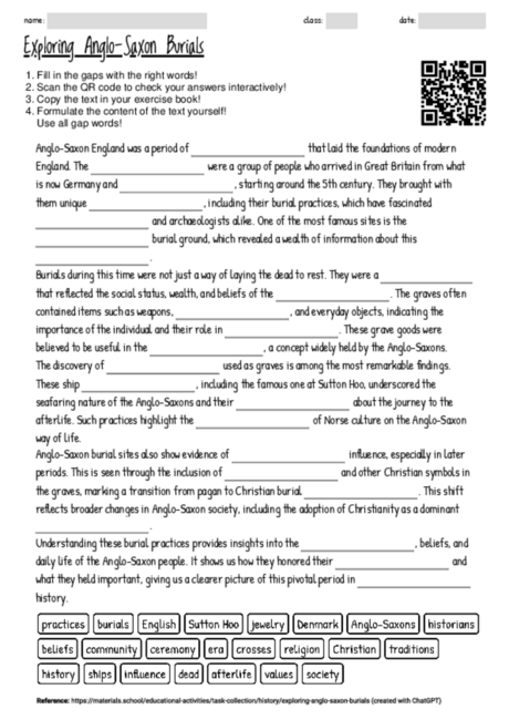 Worksheet with the topic "Exploring Anglo-Saxon Burials" | MATERIALS.SCHOOL