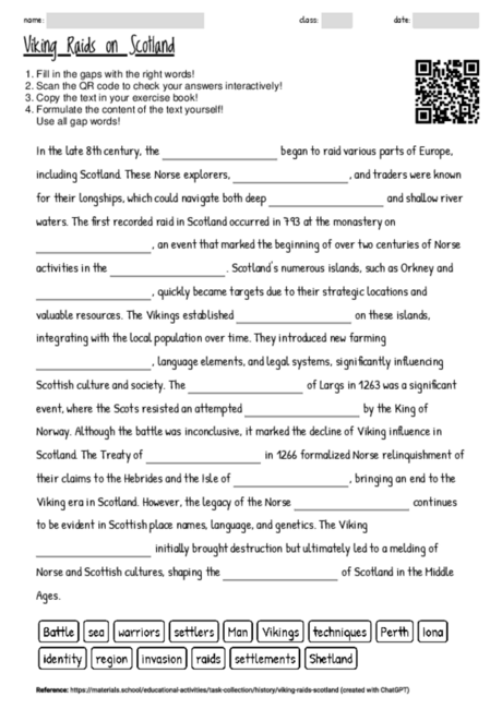 Worksheet with the topic "Viking Raids on Scotland" | MATERIALS.SCHOOL